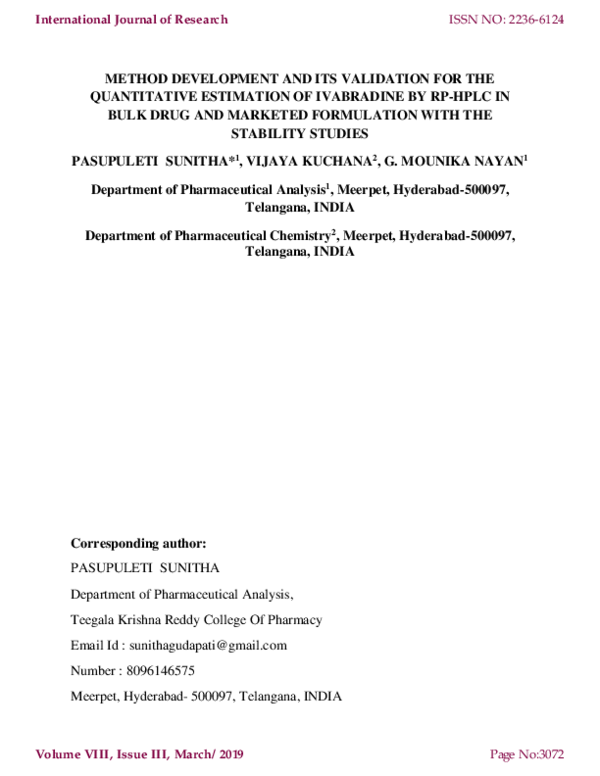 Pdf Method Development And Its Validation For The Quantitative Estimation Of Ivabradine By Rp