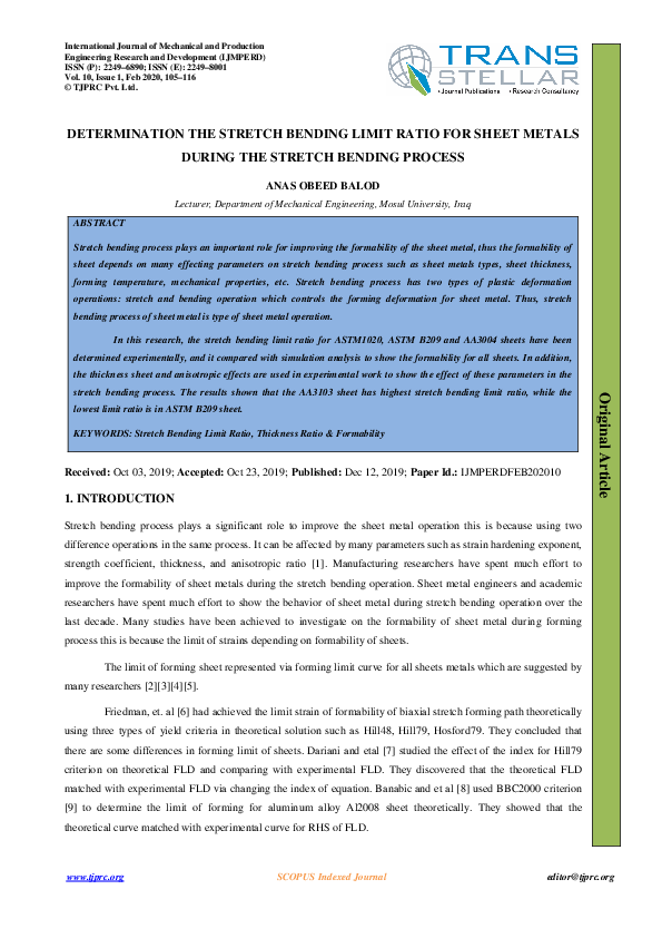 (PDF) DETERMINATION THE STRETCH BENDING LIMIT RATIO FOR SHEET METALS ...