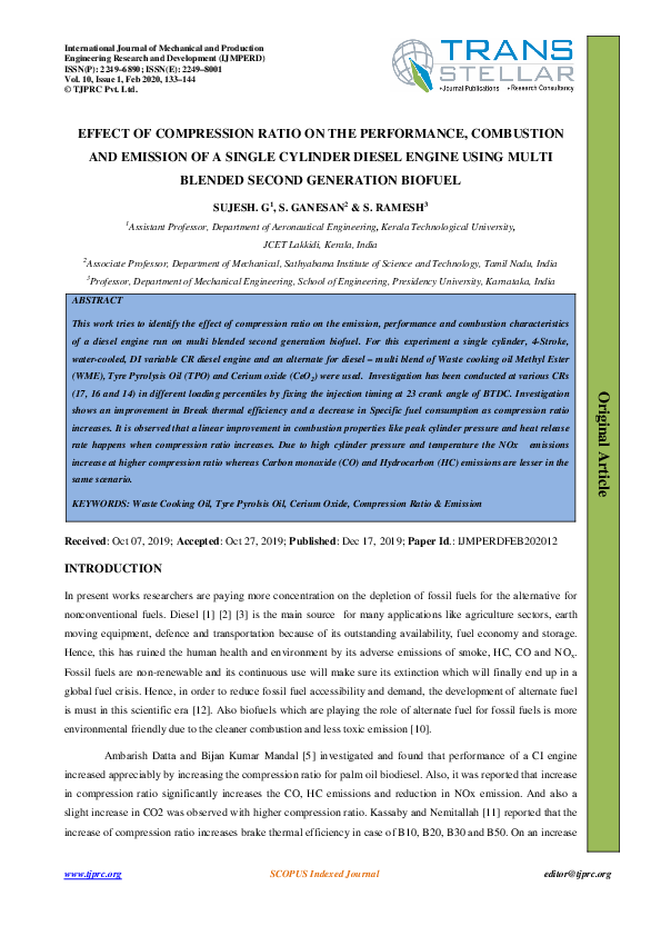 Pdf Effect Of Compression Ratio On The Performance Combustion And