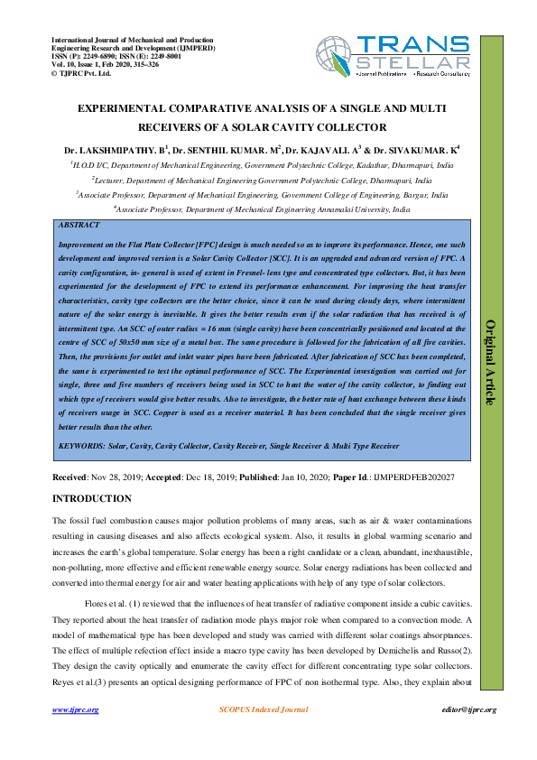 (PDF) EXPERIMENTAL COMPARATIVE ANALYSIS OF A SINGLE AND MULTI RECEIVERS OF A SOLAR CAVITY COLLECTOR