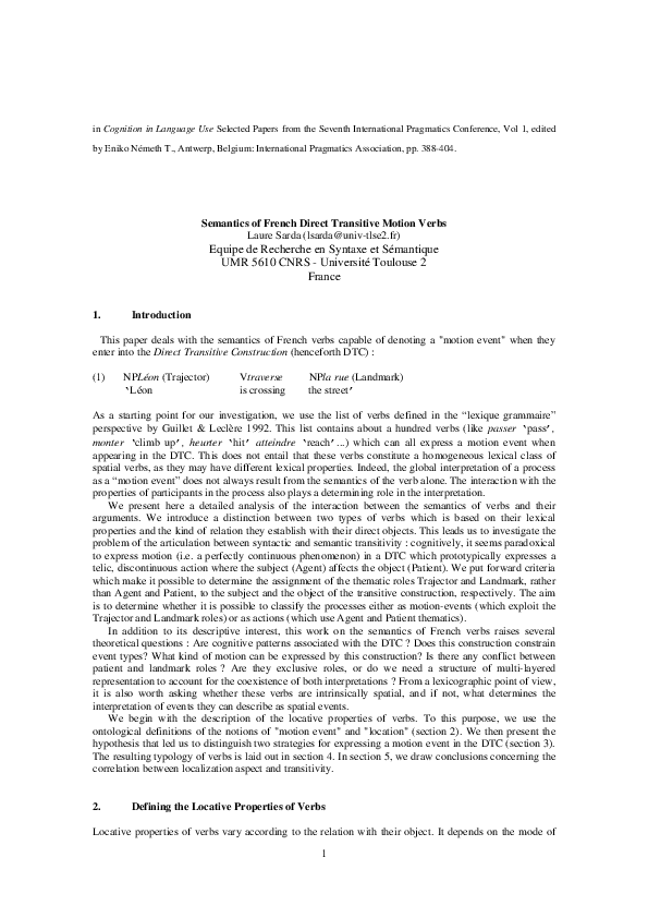 (PDF) Semantics of French Direct Transitive Motion Verbs