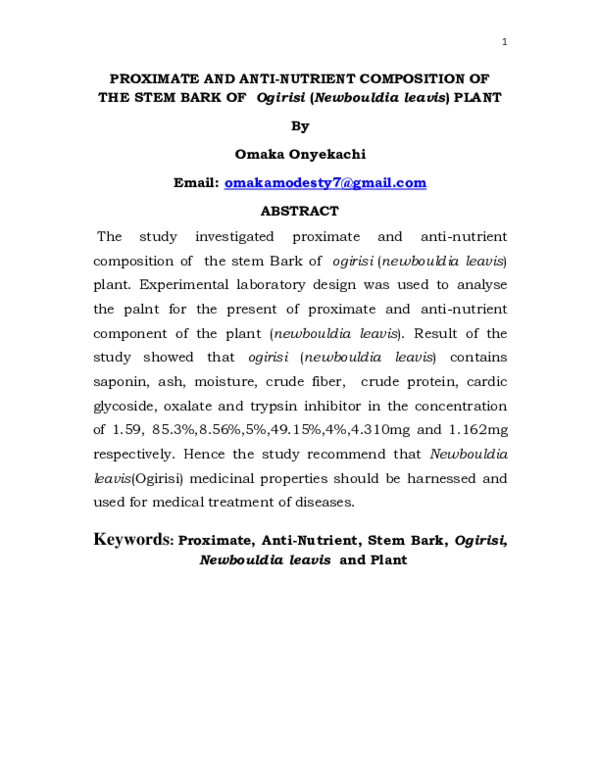 (PDF) PROXIMATE AND ANTI-NUTRIENT COMPOSITION OF THE STEM BARK OF ...