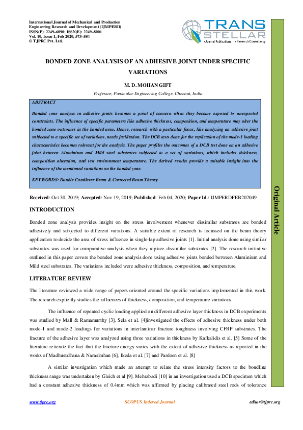 (PDF) BONDED ZONE ANALYSIS OF AN ADHESIVE JOINT UNDER SPECIFIC VARIATIONS