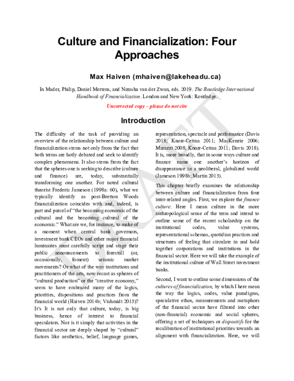 (PDF) Culture and Financialization: Four Approaches