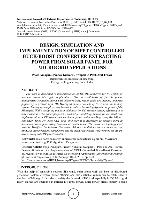 Pdf Design Simulation And Implementation Of Mppt Controlled Buck Boost Converter Extracting
