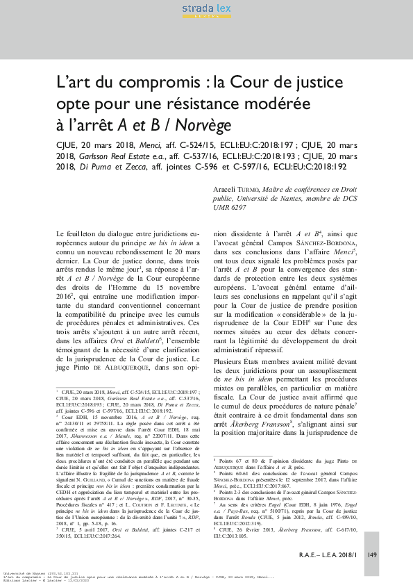 (PDF) L’art du compromis. La Cour opte pour une résistance modérée à l ...