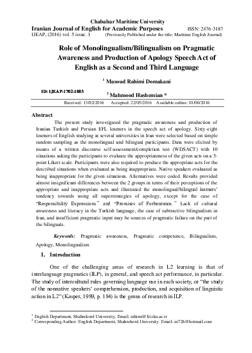 (PDF) Role of Monolingualism/Bilingualism on Pragmatic Awareness and ...