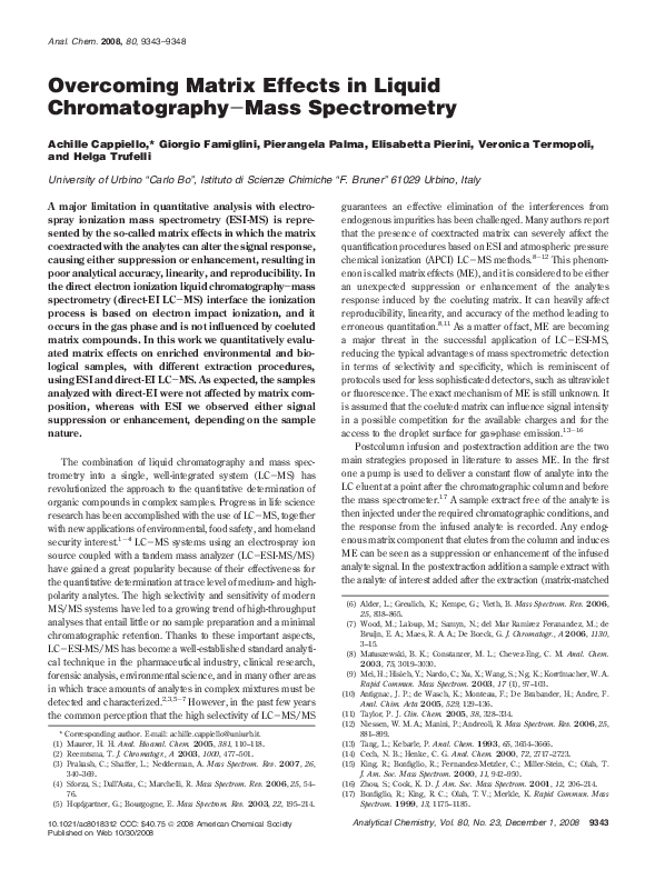 (PDF) Overcoming Matrix Effects in Liquid Chromatography− Mass Spectrometry