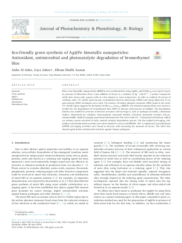 (PDF) Eco-friendly green synthesis of Ag@Fe bimetallic nanoparticles: Antioxidant, antimicrobial ...