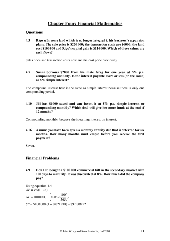 (PDF) Chapter Four: Financial Mathematics Questions