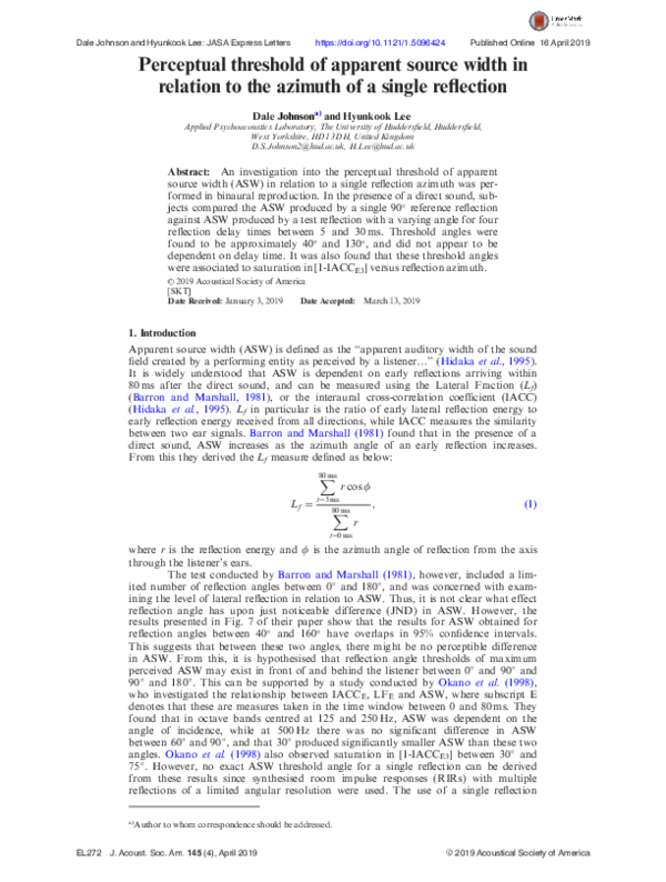 (PDF) Perceptual threshold of apparent source width in relation to the ...