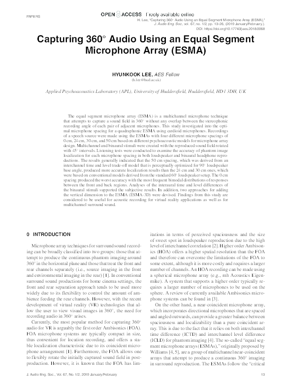 Pdf Capturing 360 • Audio Using An Equal Segment Microphone Array Esma