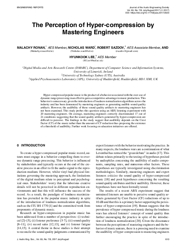 (PDF) The Perception of Hyper-compression by Mastering Engineers , AND ...
