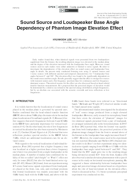 Pdf Sound Source And Loudspeaker Base Angle Dependency Of Phantom