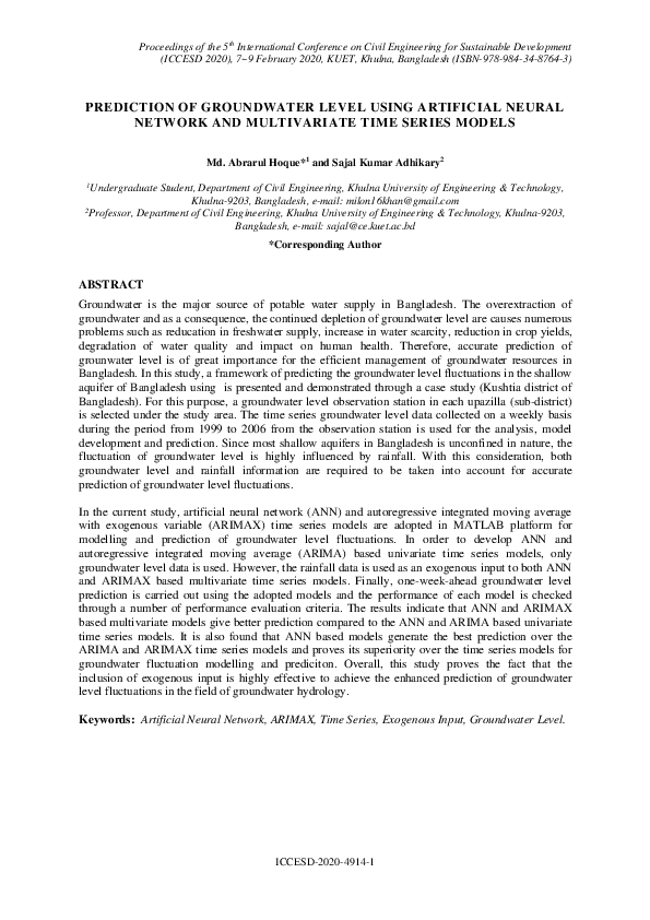 (PDF) PREDICTION OF GROUNDWATER LEVEL USING ARTIFICIAL NEURAL NETWORK AND MULTIVARIATE TIME ...