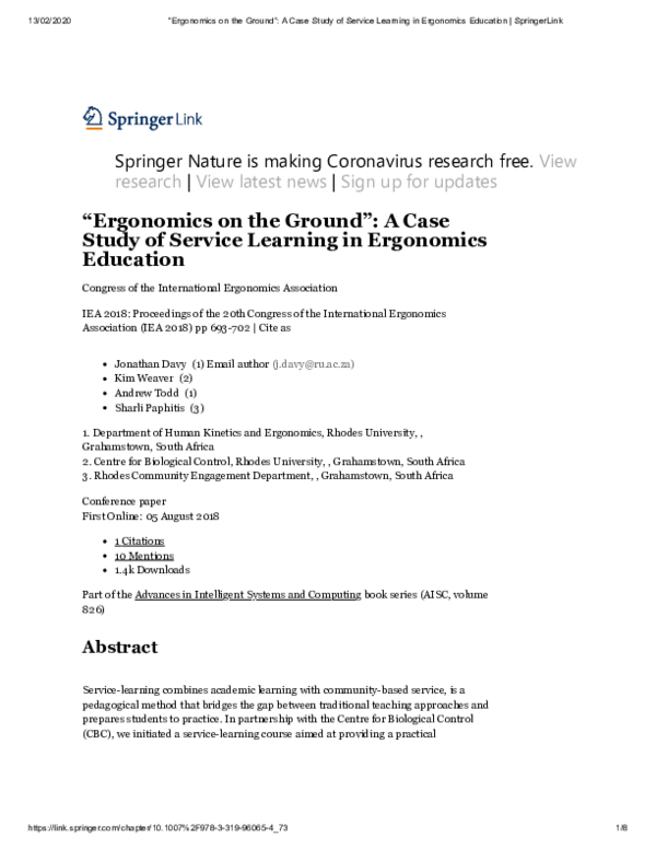 (PDF) "Ergonomics on the Ground": A Case Study of Service Learning in ...