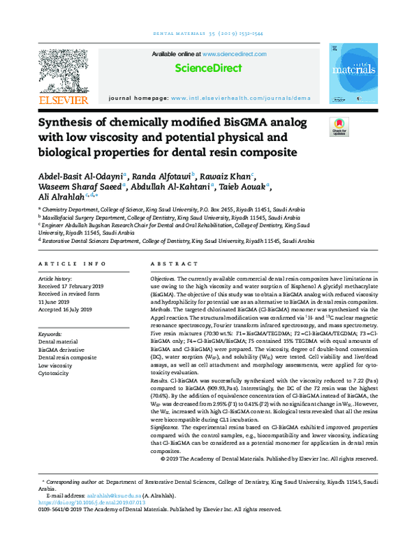 (PDF) Synthesis of chemically modified BisGMA analog with low viscosity ...