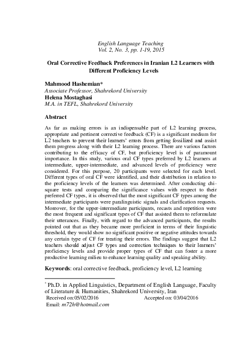 (PDF) Oral Corrective Feedback Preferences in Iranian L2 Learners with Different Proficiency Levels