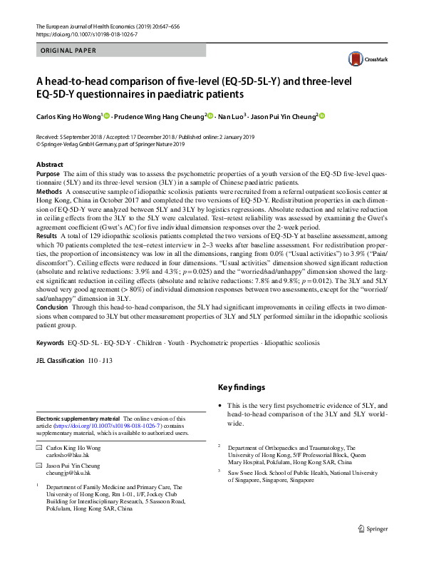 (PDF) A head-to-head comparison of five-level (EQ-5D-5L-Y) and three ...