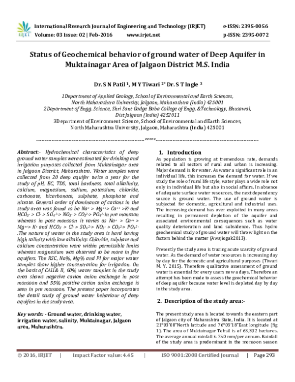 (PDF) Status of Geochemical behavior of ground water of Deep Aquifer in ...