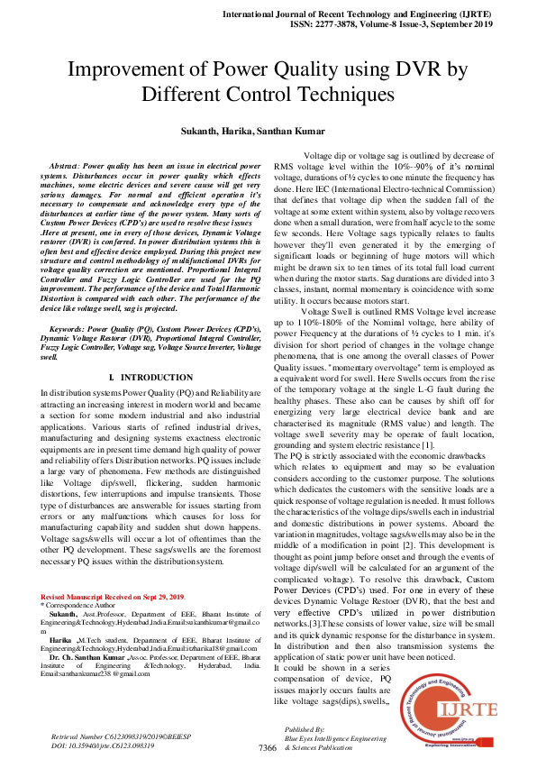 (PDF) Improvement of Power Quality using DVR by Different Control Techniques