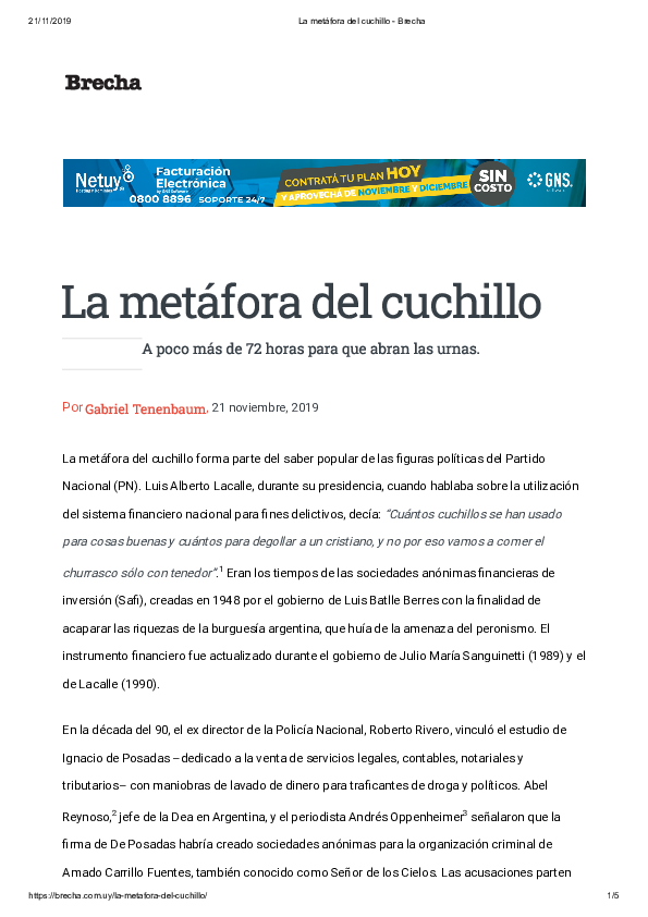 (PDF) La metáfora del cuchillo. En Brecha, 2019. | Gabriel Tenenbaum ...