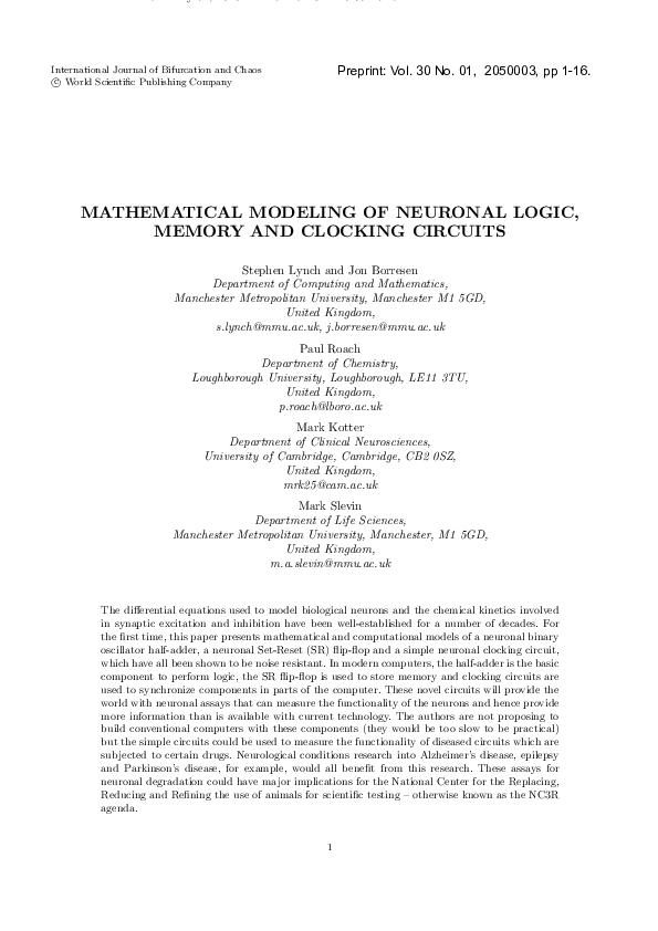 Pdf Mathematical Modeling Of Neuronal Logic Memory And Clocking Circuits