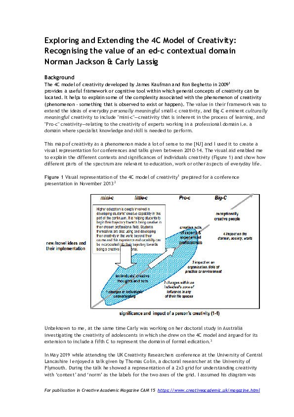 (PDF) Exploring and Extending the 4C Model of Creativity: Recognising ...