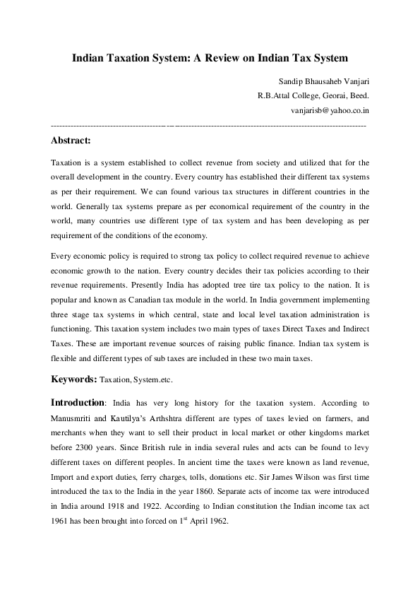 (DOC) Taxation System: A Review on Indian Taxation System