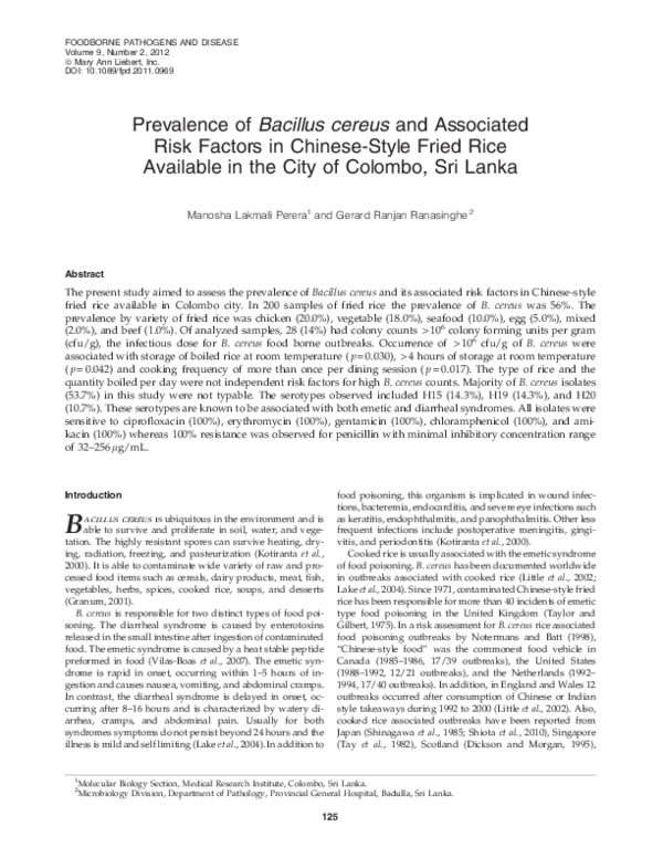 (PDF) Prevalence of Bacillus cereus and Associated Risk Factors in ...