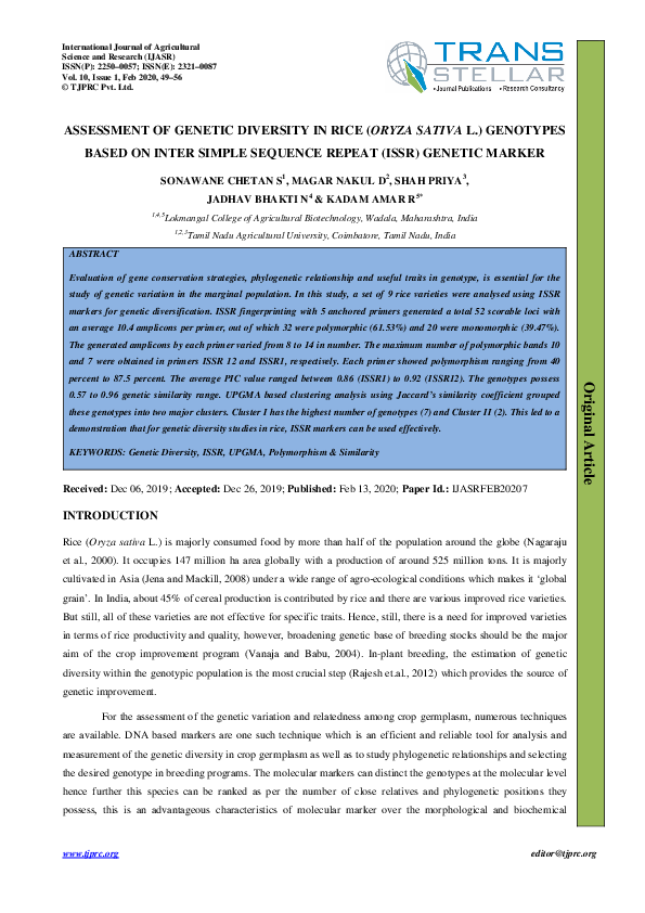 (PDF) ASSESSMENT OF GENETIC DIVERSITY IN RICE (ORYZA SATIVA L.) GENOTYPES BASED ON INTER SIMPLE ...