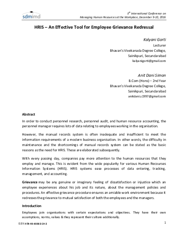(PDF) HRIS -An Effective Tool for Employee Grievance Redressal