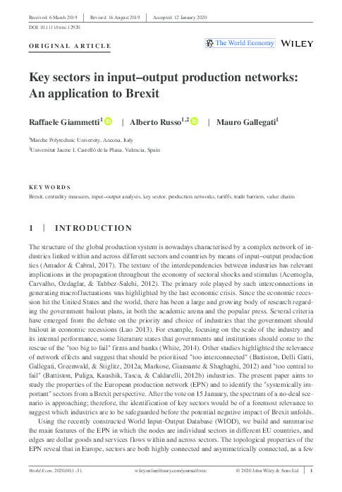 Pdf Key Sectors In Input Output Production Networks An Application