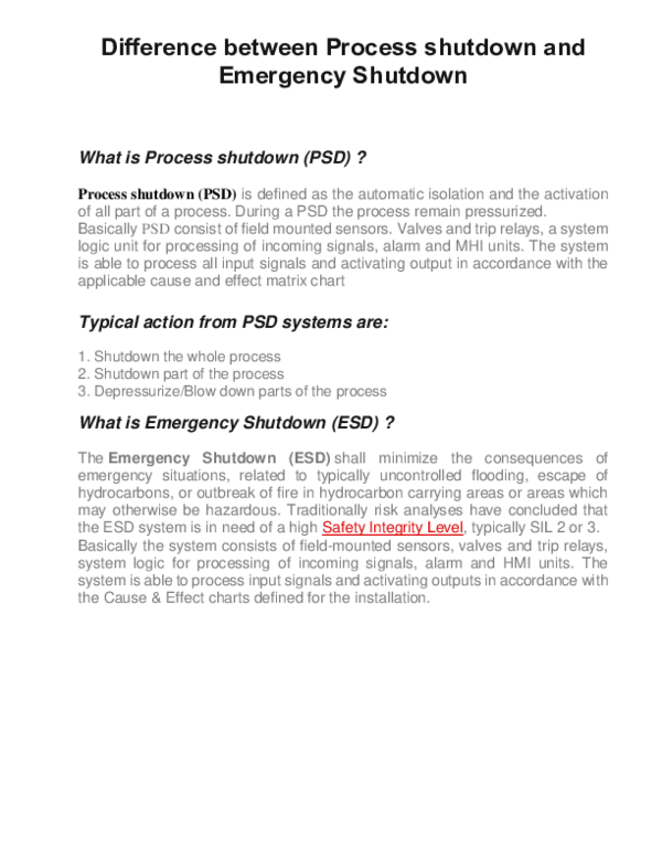 (PDF) Difference between Process shutdown and Emergency Shutdown