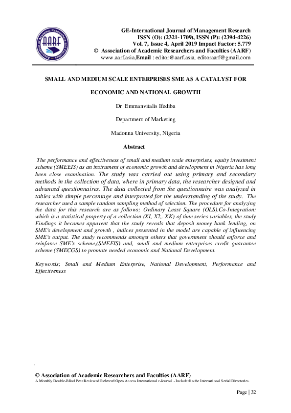 (PDF) SMALL AND MEDIUM SCALE ENTERPRISES SME AS A CATALYST FOR ECONOMIC ...