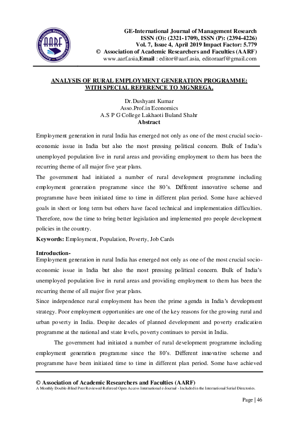 (PDF) ANALYSIS OF RURAL EMPLOYMENT GENERATION PROGRAMME: WITH SPECIAL ...