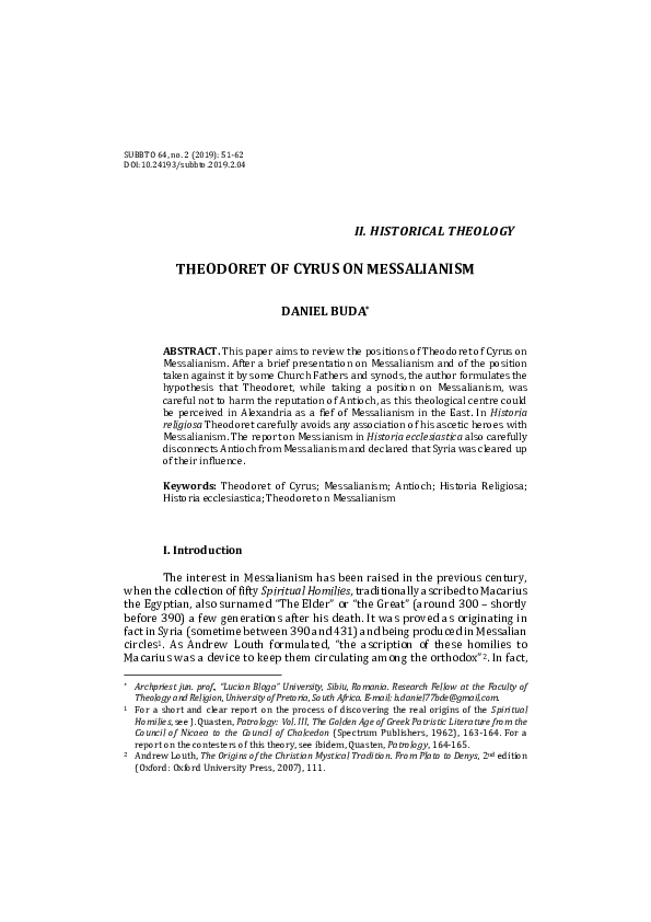 (PDF) THEODORET OF CYRUS ON MESSALIANISM