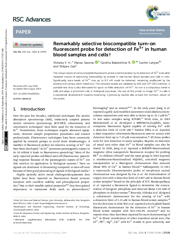 (PDF) Remarkably selective biocompatible turn-on fluorescent probe for detection of Fe 3+ in ...