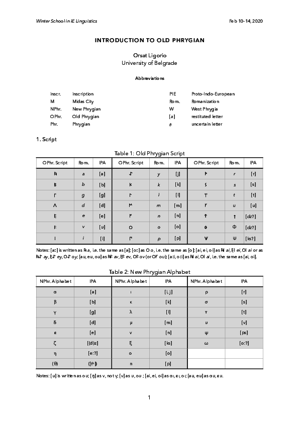 (PDF) Introduction to Old Phrygian (Handout)