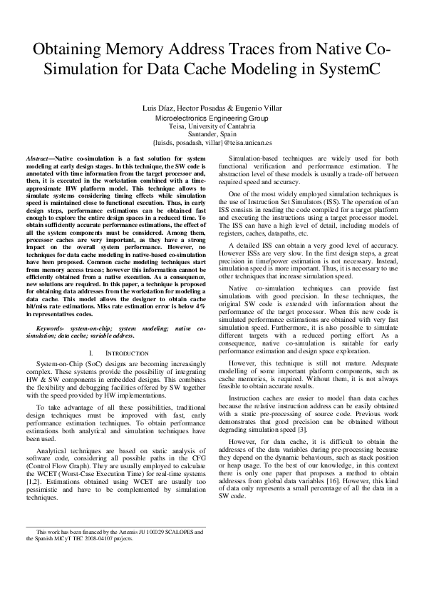 (PDF) Obtaining Memory Address Traces from Native Co-Simulation for Data Cache Modeling in SystemC