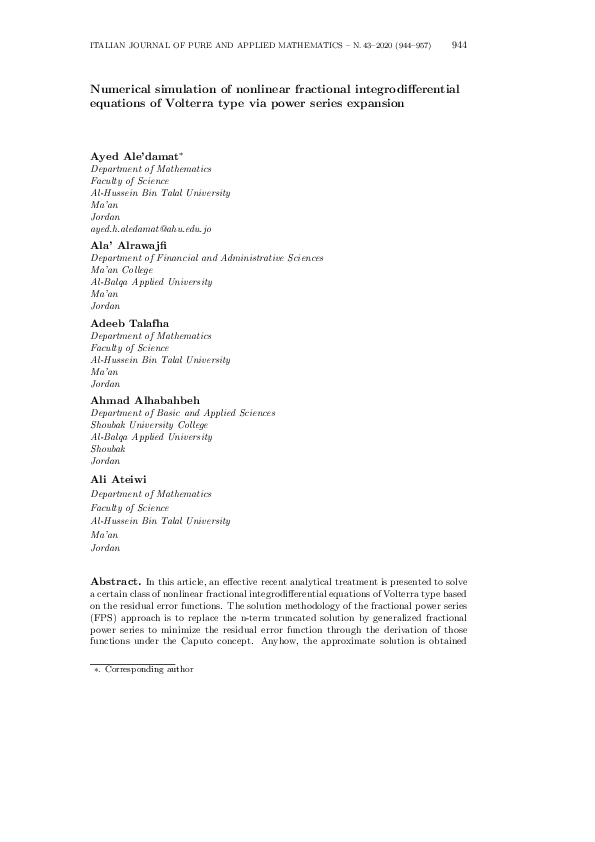 Pdf Numerical Simulation Of Nonlinear Fractional Integrodifferential Equations Of Volterra