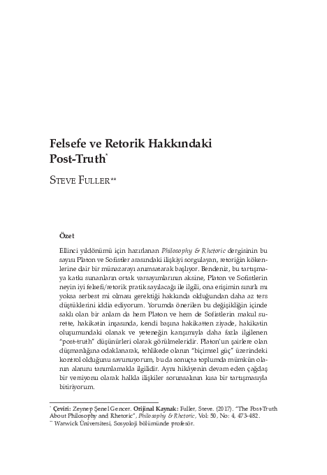 (PDF) Felsefe ve Retorik Hakkındaki Post-Truth [Steve Fuller]