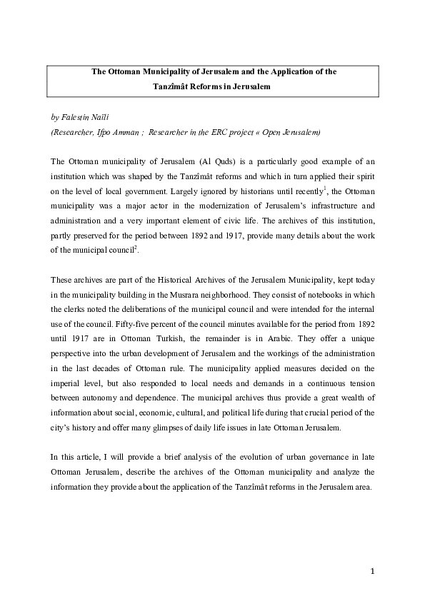 (PDF) The Ottoman Municipality of Jerusalem and the Application of the ...