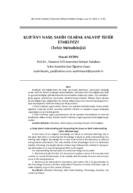 (PDF) KUR'ÂN'I NASIL SAHİH OLARAK ANLAYIP TEFSİR ETMELİYİZ? (Tefsir Metodolojisi