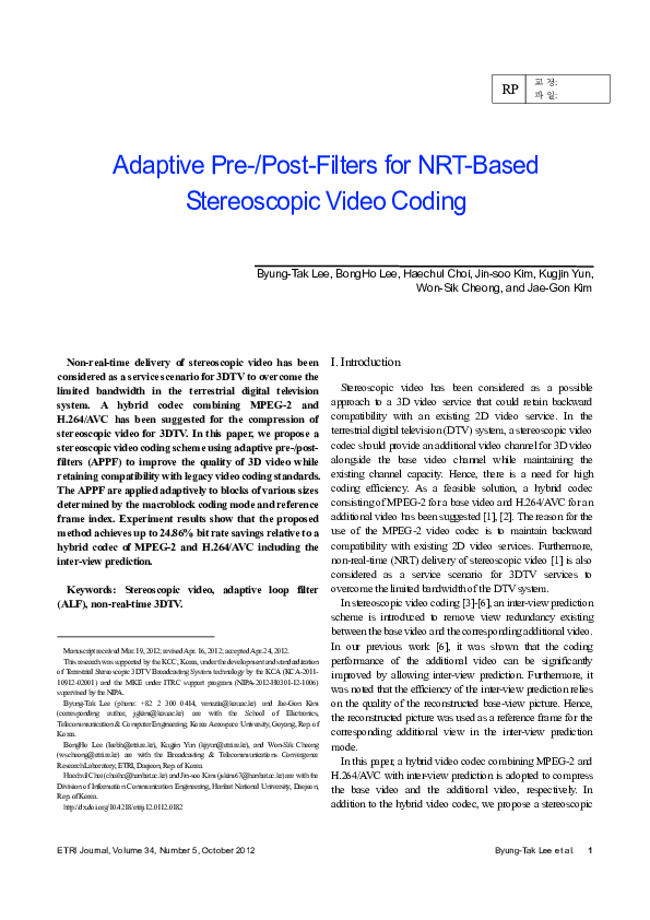 Pdf Application Of Adaptive Loop Filter For Nrt Based Stereoscopic Video Coding