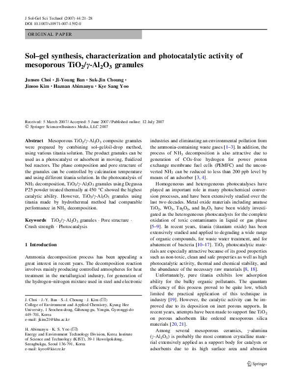 (PDF) Sol–gel synthesis, characterization and photocatalytic activity ...
