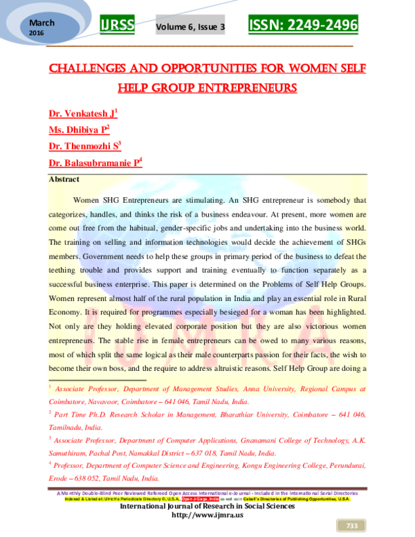 (PDF) Challenges and Opportunities for Women Self Help Group Entrepreneurs
