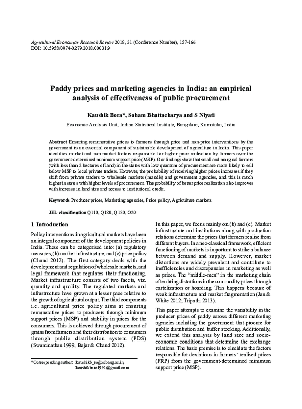 (PDF) Paddy prices and marketing agencies in India: an empirical ...