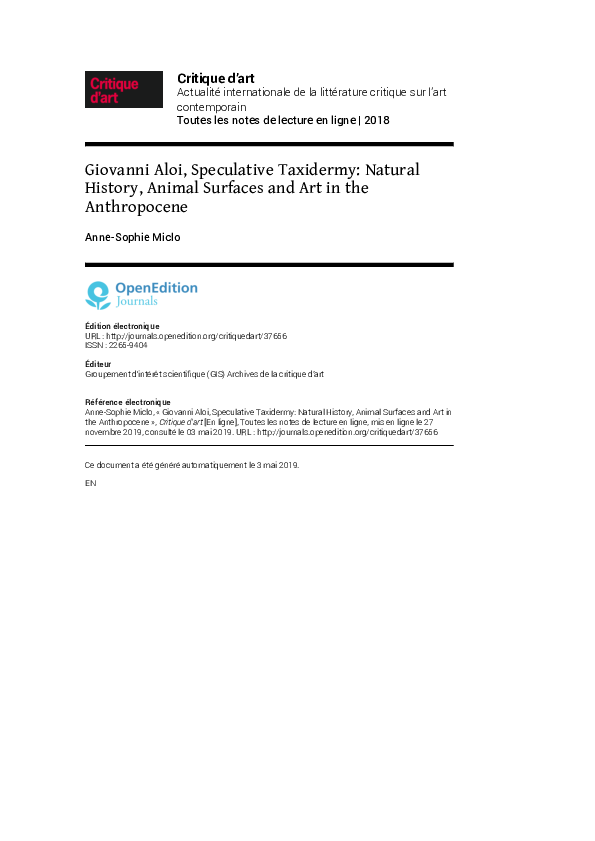 (PDF) REVIEW: Anne-Sophie Miclo -- Giovanni Aloi, Speculative Taxidermy ...