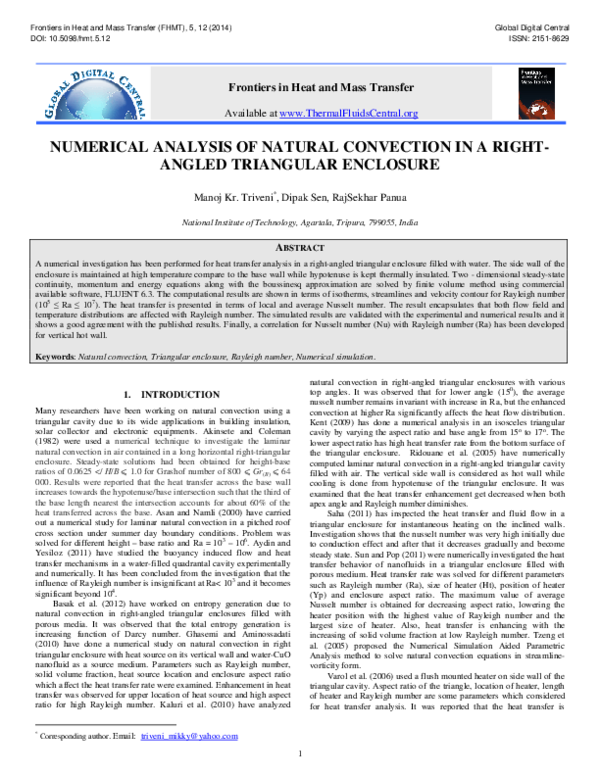 Pdf Numerical Analysis Of Natural Convection In A Right Angled Triangular Enclosure
